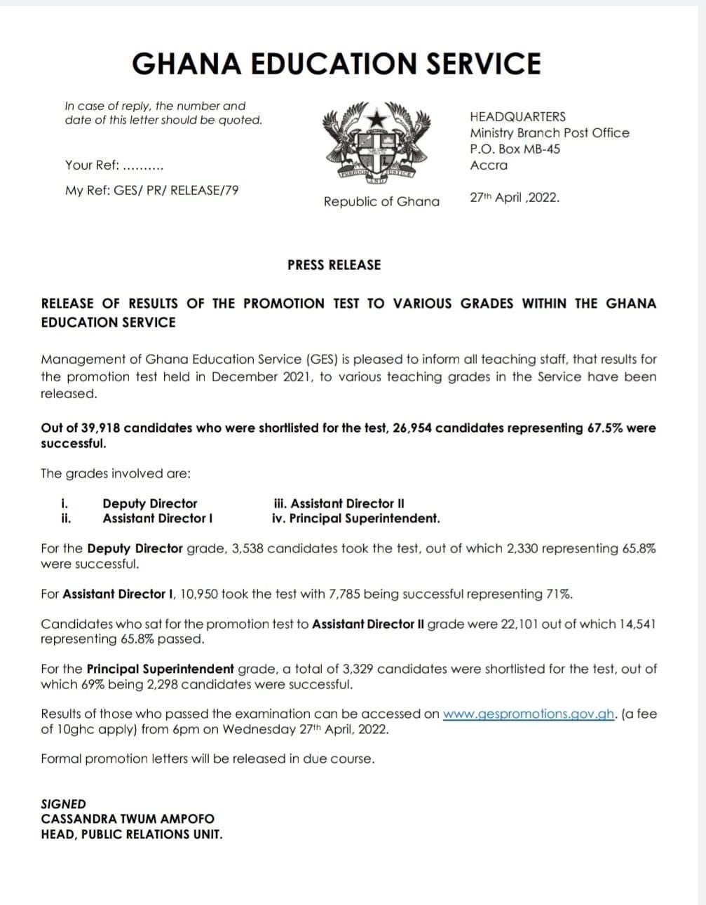 Release of GES Promotion Test Results of Various Grades